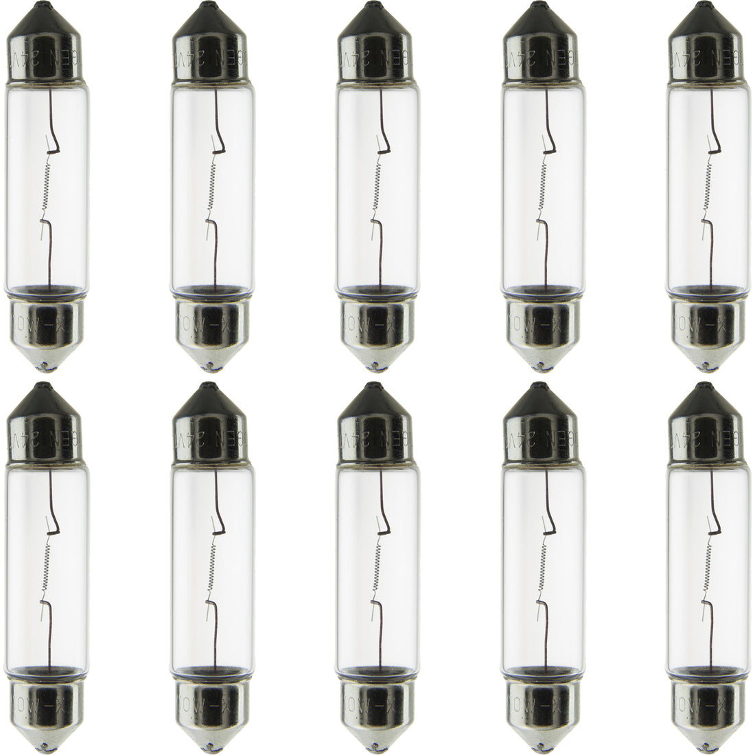 10 Pack 5 Watt T3.25 Xelogen, Festoon Base, 12 Volts, Clear - Bulb Center
